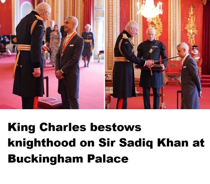 King Charles bestows knighthood on Sir Sadiq Khan at Buckingham Palace ...